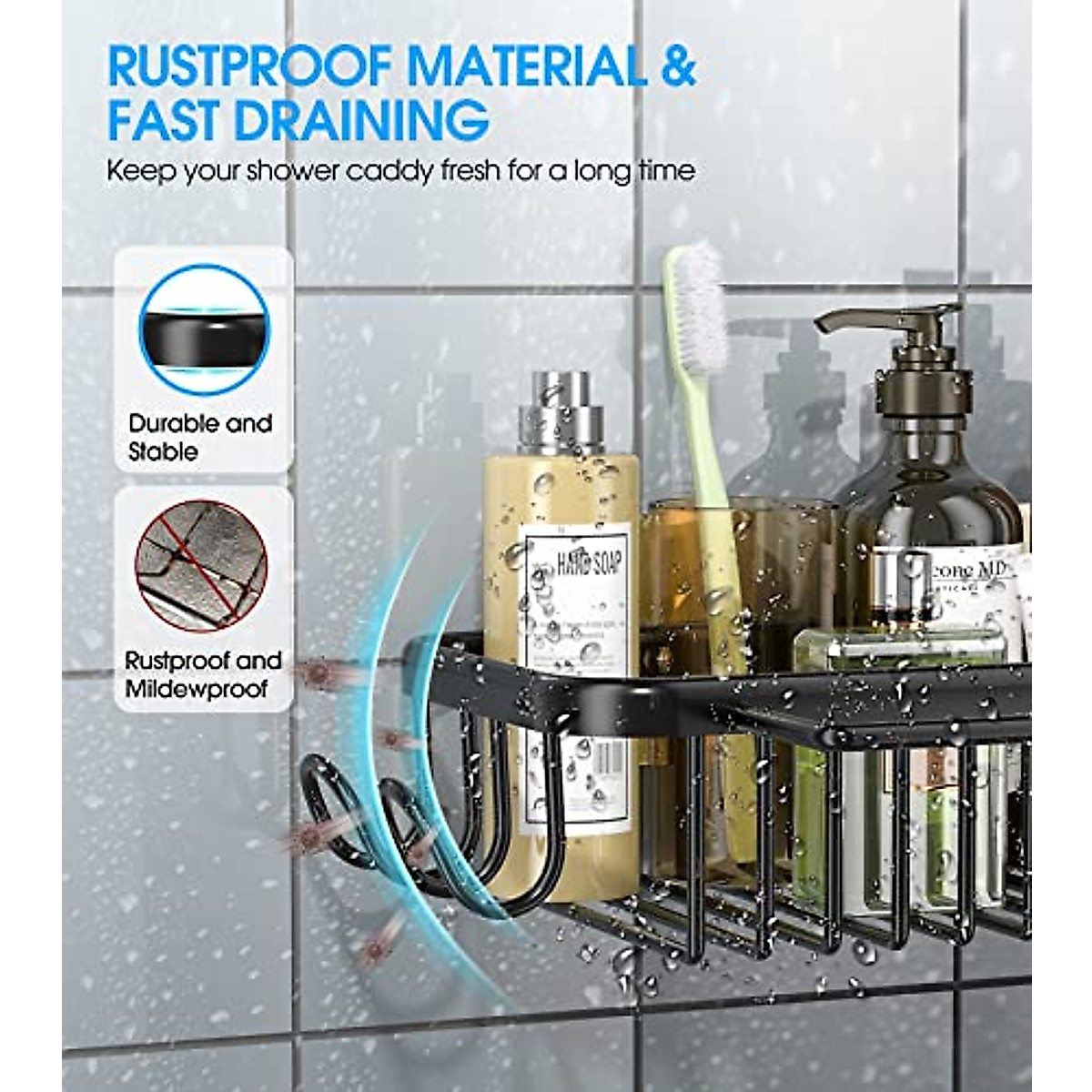 3Pack Shower Caddy, Shower Organizer with Soap Dish, No Drilling Shower Storage Wall Mount Rustproof Bathroom Organizer Shampoo Holder Kitchen Rack Adhesive Shower Shelves for Inside Shower Black