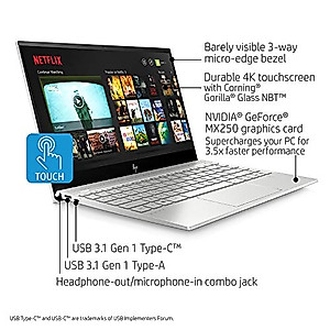 HP ENVY 13-13.99 Inches Thin Laptop w/ Fingerprint Reader, 4K Touchscreen, Intel Core i7-8565U, NVIDIA GeForce MX250 Graphics, 16GB SDRAM, 512GB SSD, Windows 10 Home (13-aq0044nr, Natural Silver)