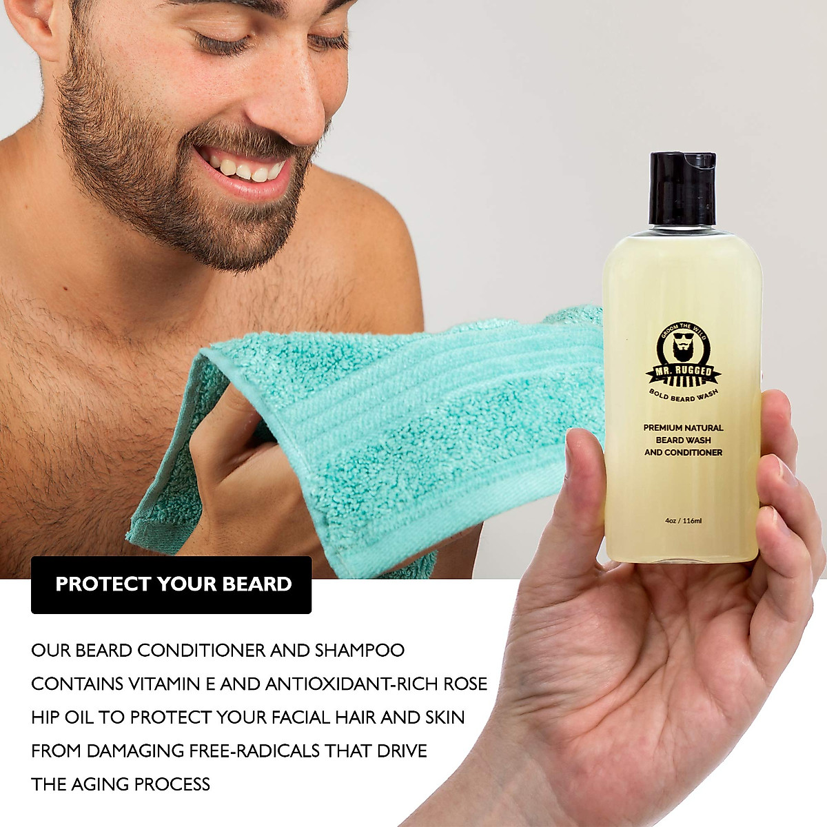 Mr Rugged Beard Wash and Conditioner for Men – (Peppermint 2-in-1, 4oz Bottle) Natural Beard Shampoo for Soft Beard – Strengthen and Improve Facial Hair Growth