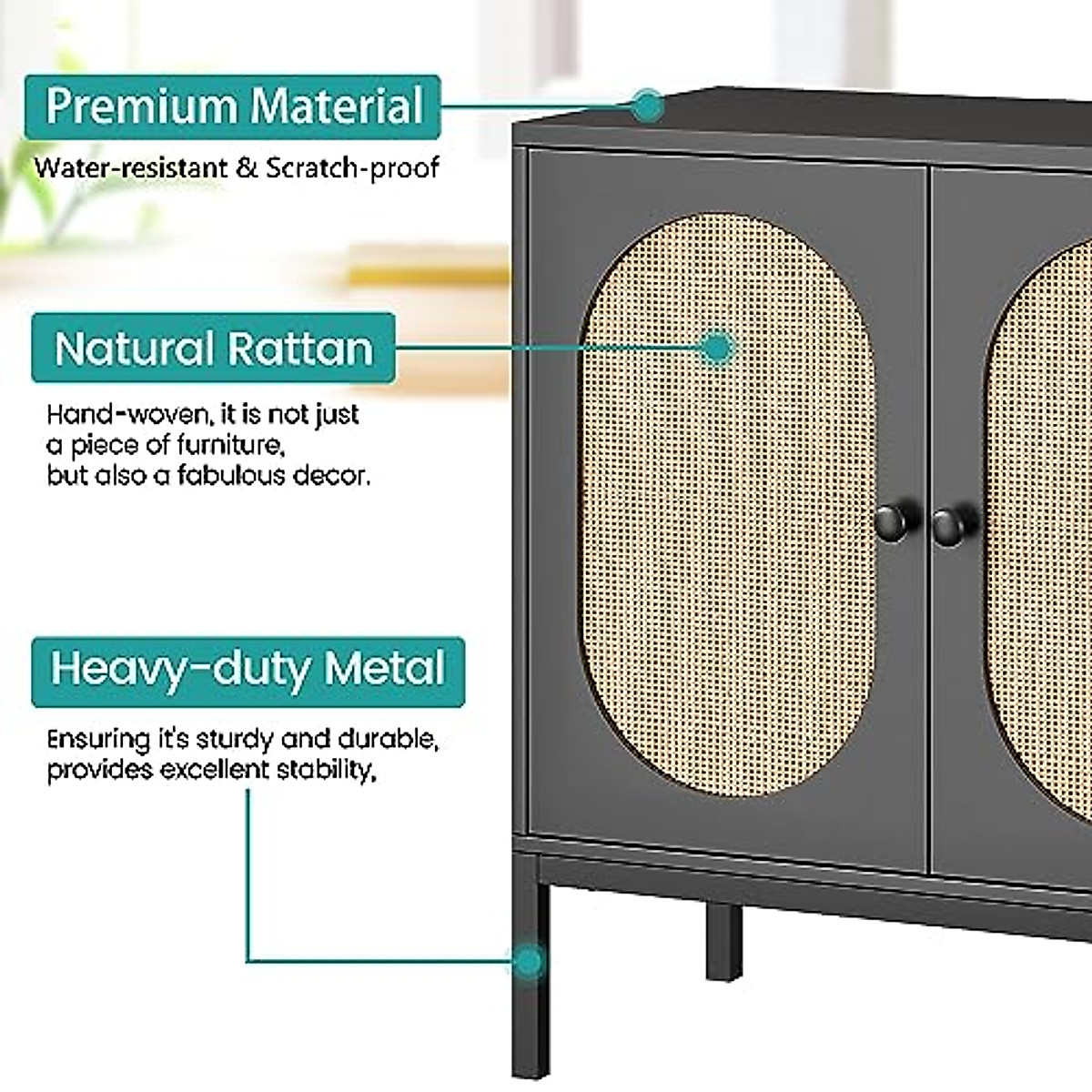 IDEALHOUSE Buffet Cabinet, Rattan Storage Cabinet with Doors and Shelves, Accent Cabinet Sideboard, Wood Console Cabinet with Storage Entryway Cabinet for Living Room, Dining Room, Hallway (Black)