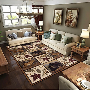 EXINBU Bear Deer Rug, Brown Cabin Area Rug, 5x7ft, Wild Animal Black Bear Moose Design Non-Slip Rug, Natural Plant Maple Leaf Pine Cone Printed Floor Mat for Living Room Bedroom Dining Room