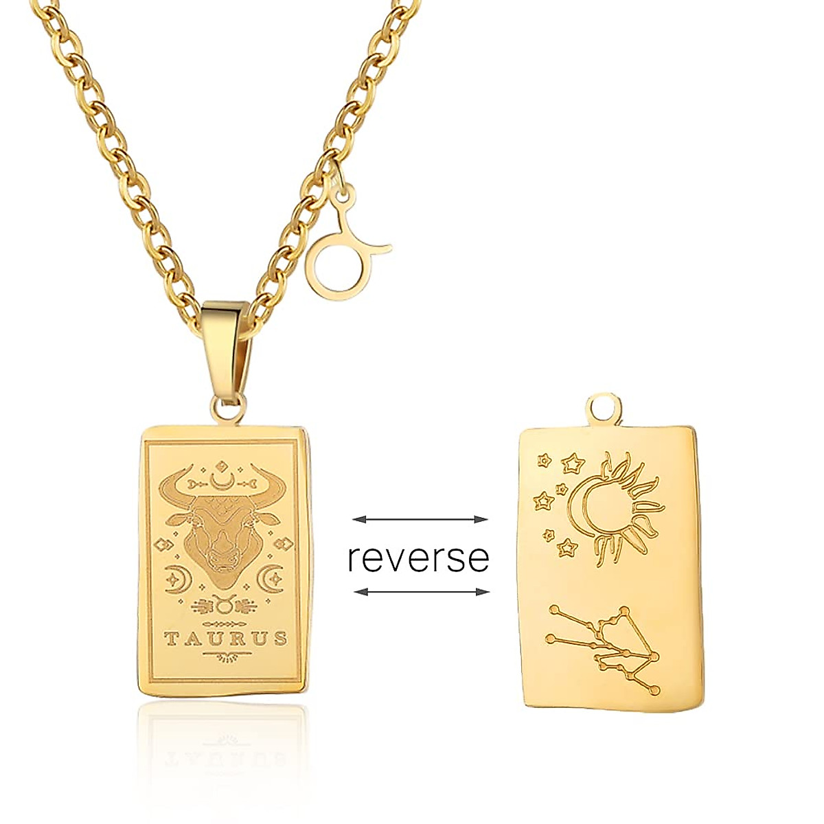 Zodiac Sign Necklace for Women 18K Gold Plated Stainless Steel Chain 20+2 inch Double Sided Constellation Tarot Card Pendant Waterproof Non Tarnish Friendship Jewelry Birthday Gift(Taurus)