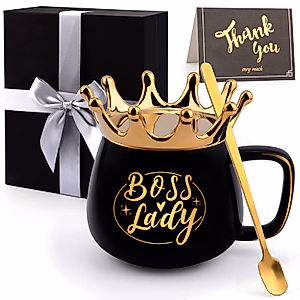 Mother's Day Gifts for Women, Gifts for Boss Women Boss Lady Gifts Crown Coffee Cup Birthday Gifts for Managers Female Boss, Funny 12oz Thank You Boss Appreciation Gift Boss mug With Spoon（Ceramic）