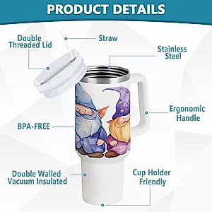 Jihqo Cute Dreamy Gnomes 40 oz Stainless Steel Vacuum Insulated Tumbler with Handle and Straw Lid Reusable Leakproof Water Bottle Double Wall Travel Mug Coffee Cup, Cupholder Friendly