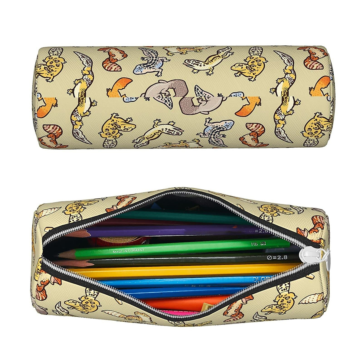 Ykklima Cartoon Cute Leopard Gecko Pattern Leather Pencil Case Zipper Pen Makeup Cosmetic Holder Pouch Stationery Bag for School Work Office