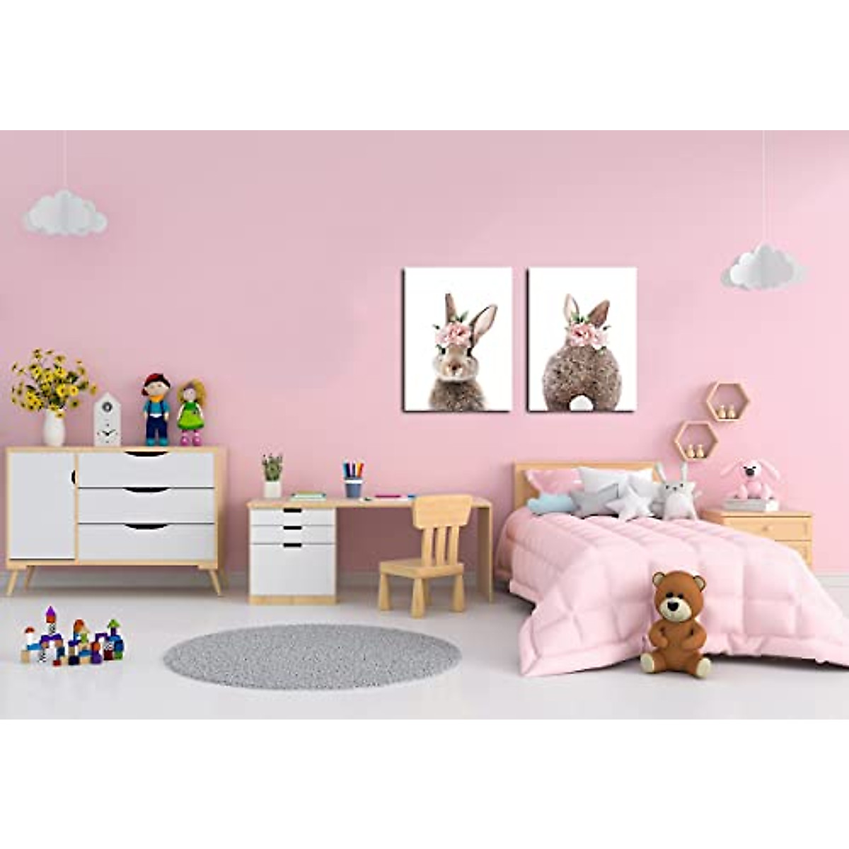 Girls Nursery Wall Art Bunny Rabbit with Pink Flower Crown Canvas Print Wall Decor Woodland Animal Posters Kids Room Set of 2 Bedroom Deccoration Framed Wall Art