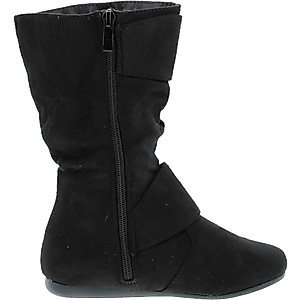 Link Klein-70K Girl's Kid's Faux Suede Two Buckle Zipper Flat Heel Mid Calf Slouchy Boot Shoes,Black,9