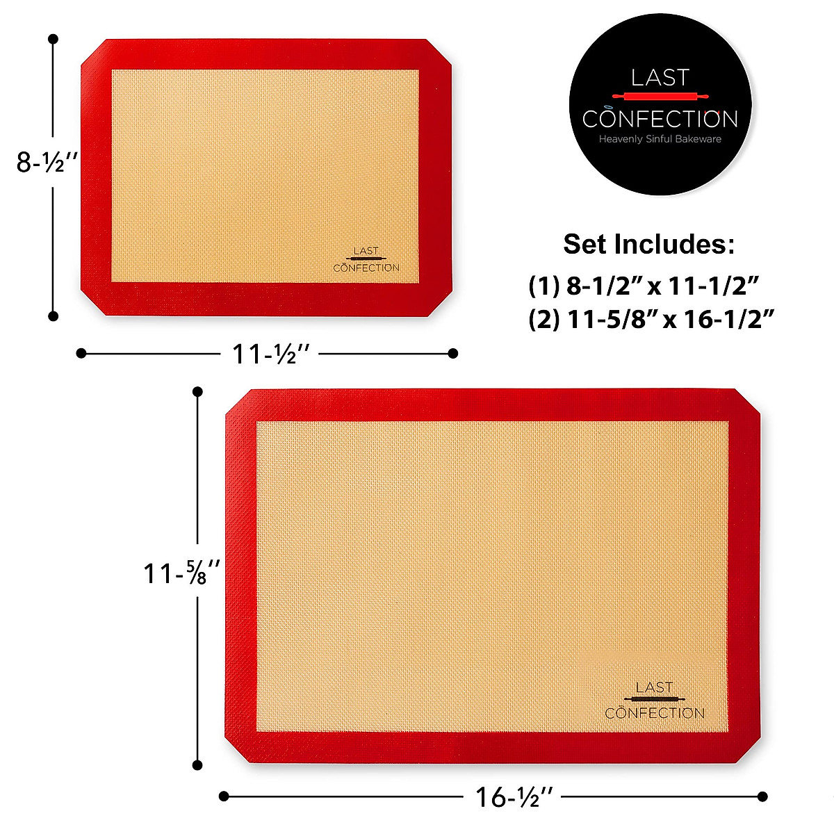 Last Confection Silicone Baking Mat - Set of 3 Non-Stick Professional Food Safe Tray Pan Liners - 2 Half Sheet (11-5/8" x 16-1/2") 1 Quarter Sheet (8-1/2" x 11-1/2")