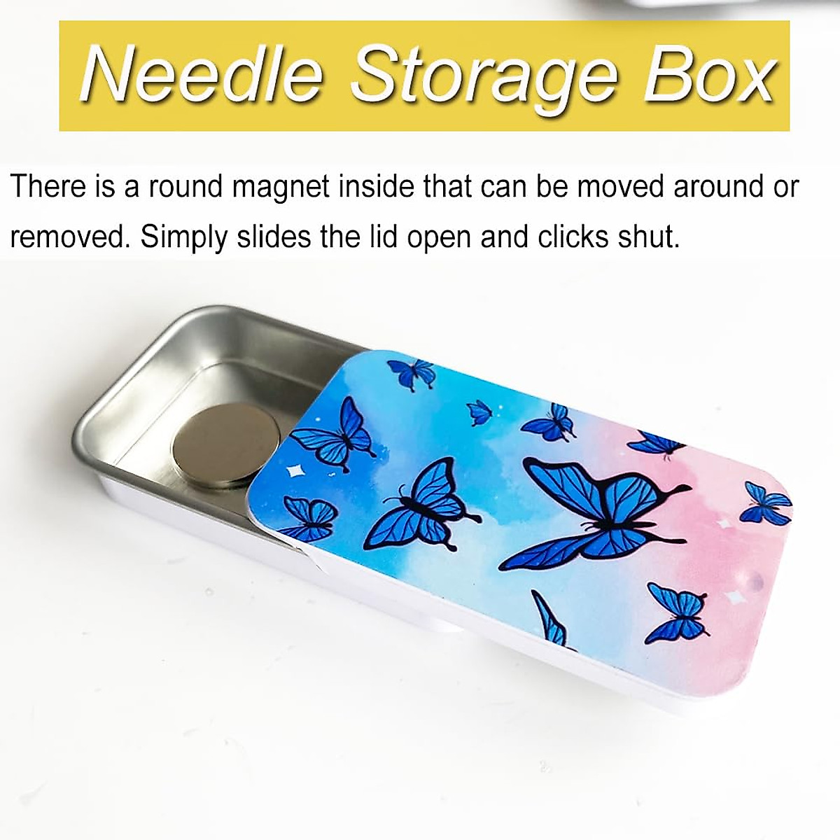 ZDDPDJ Butterfly Needle Case Magnetic Sewing Storage Tin Box and Butterfly Needle Minder for Embroidery Cross Stitch Needlepoint Art Accessories (Blue)