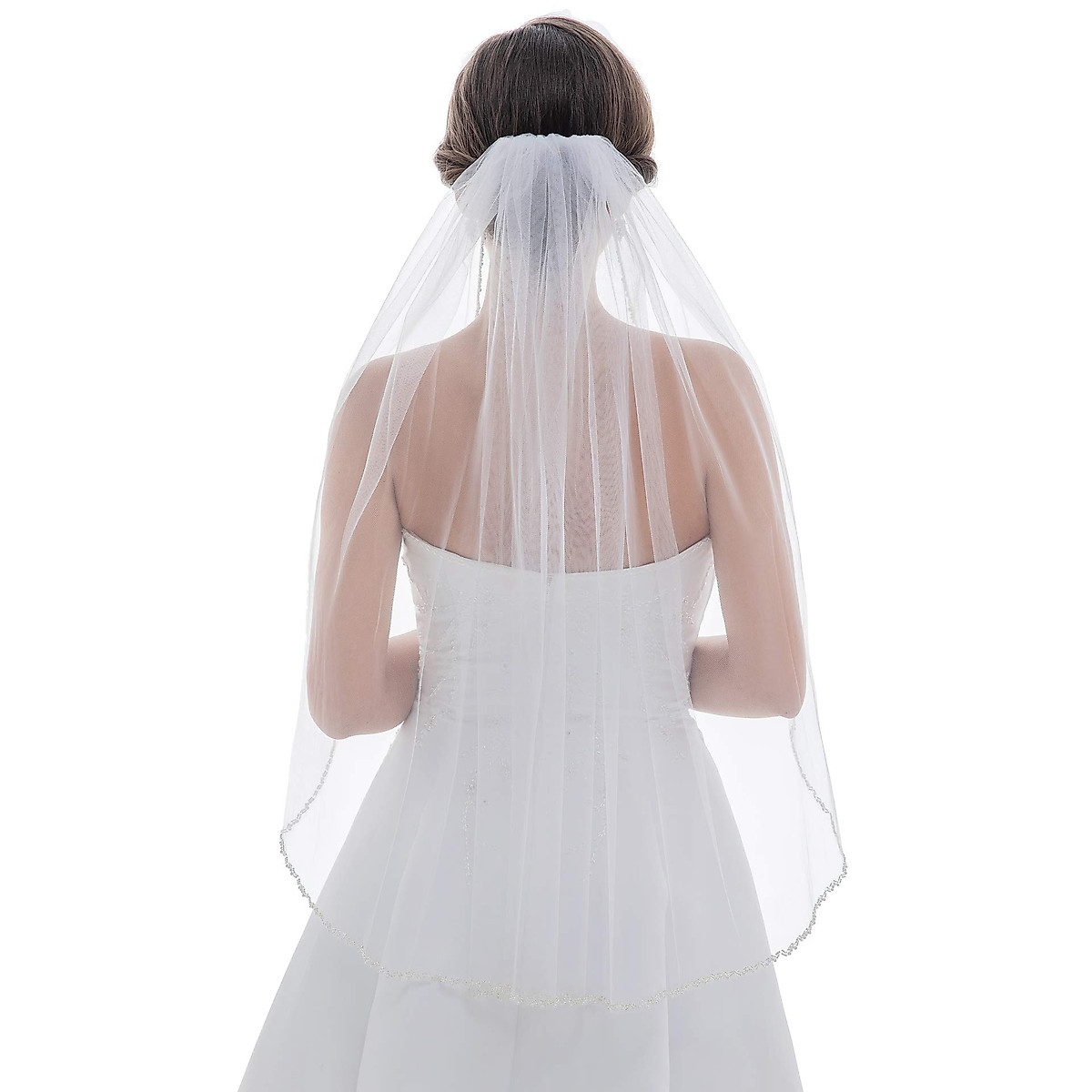 SAMKY 1T 1 Tier Double Row Wavy Pearl Crystal Edge Veil - Light Ivory Fingertip 36" V489