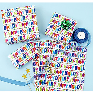 U'COVER Happy Birthday Wrapping Paper for Girls Kids Boys 3 Large Sheet with Cut Line Gift Wrapping Paper for Women Men Baby Shower Holiday Birthday Gift Wrap Paper Folded Flat 27 x 39.4inch