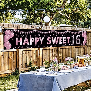 16th Birthday Banner Decorations for Girls, Happy Sweet 16 Birthday Yard Sign Party Supplies, Purple Sixteen Birthday Outdoor Decor Backdrop (9.8x1.6ft)
