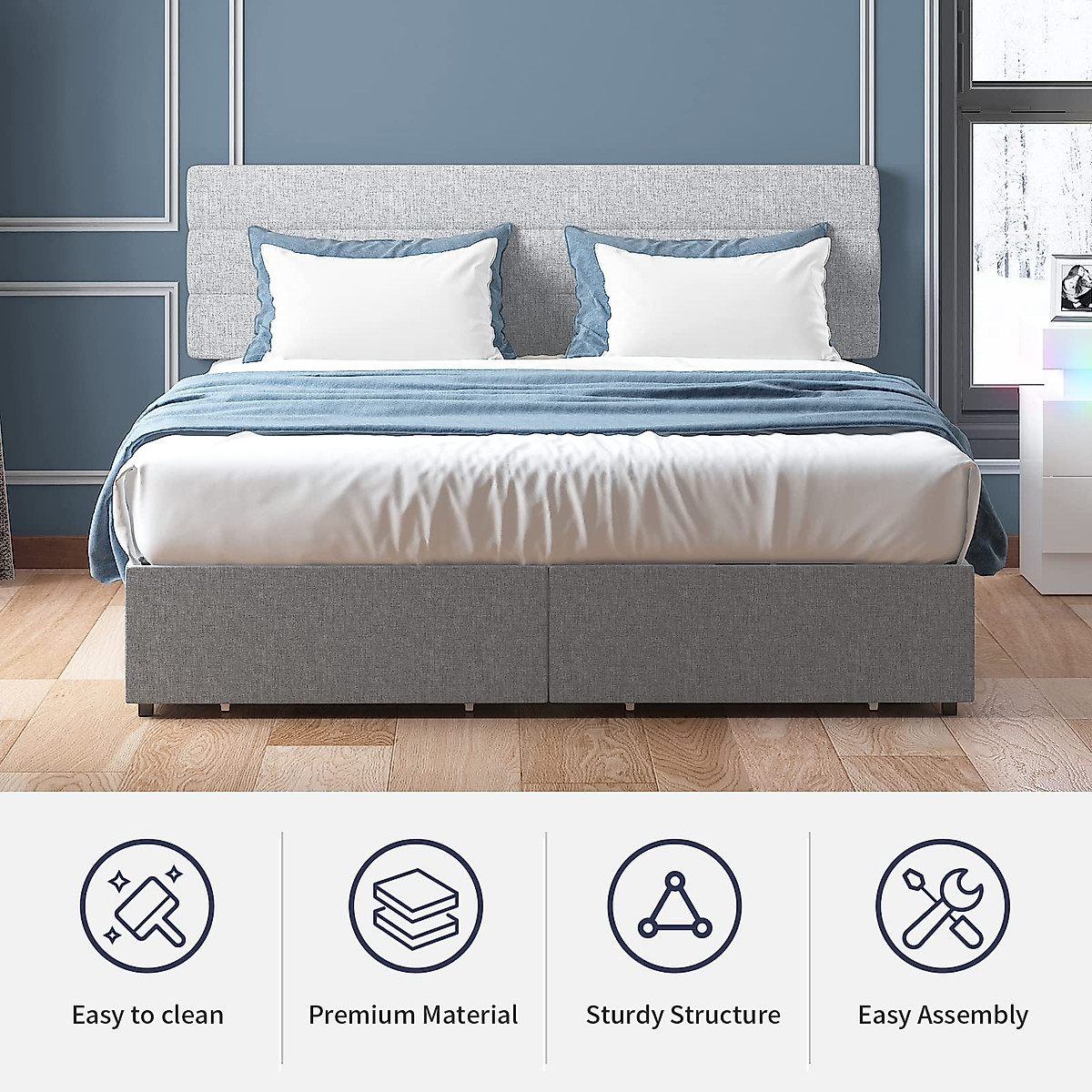 ZAFLY Platform California King Size Bed Frame with Linen Adjustable Headboard,Cal King Bed Frame with 2 Storage Drawers,Wooden Slats Support,No Box Spring Needed,Easy Assembly,Light Grey