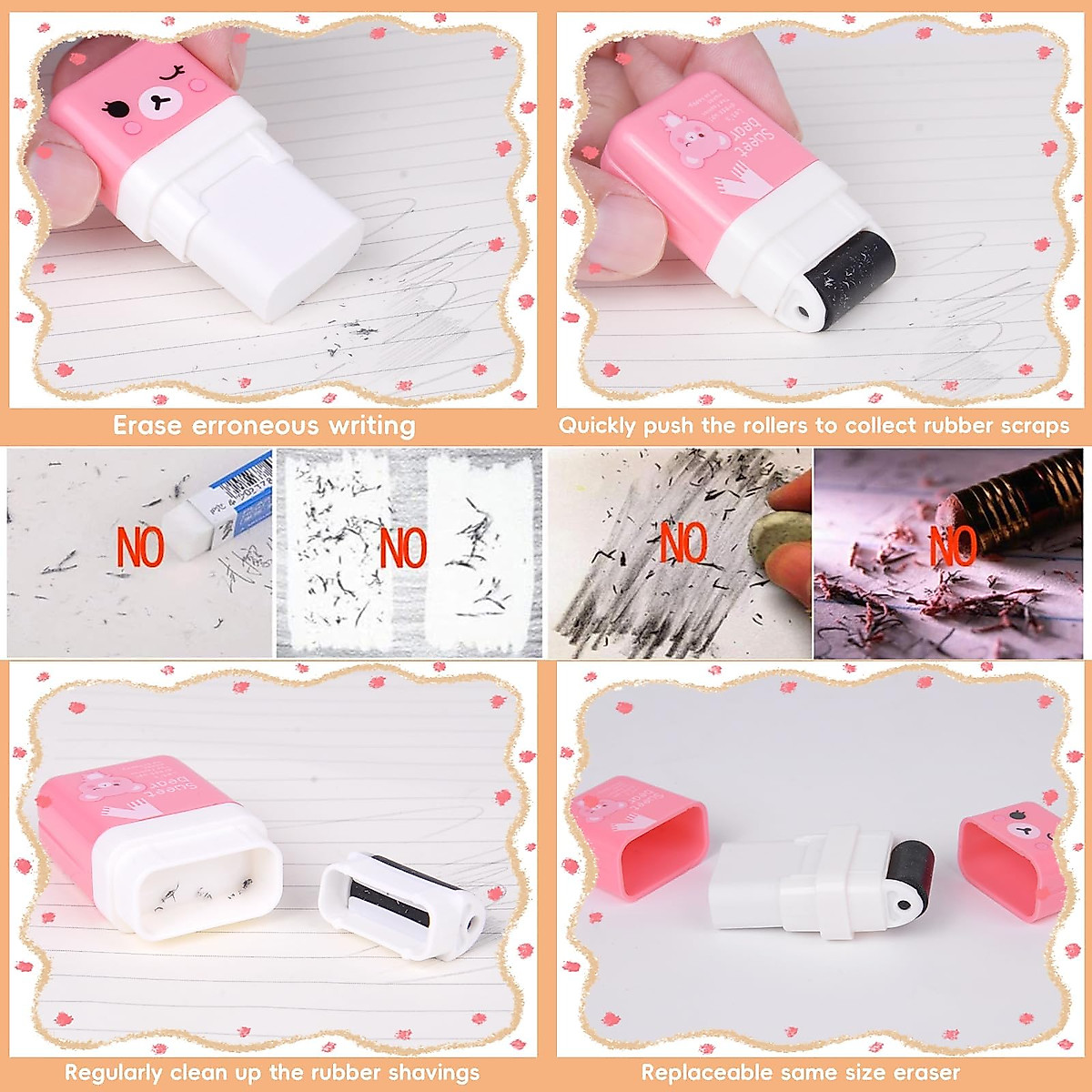 EIKOSON Erasers for Kids,6Pc Pencil Eraser Shaving Roller Case for Easy Pick Up and Removal |Kids Erasers, Cute Erasers, School Supplies for Kids,Back to School Gift