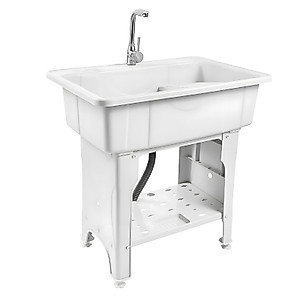 Freestanding Plastic Laundry Sink with Washboard, Indoor and Outdoor Utility Sink with Cold and Hot Water Faucet, Hoses and Drain Kit,Fashionable Sink for Laundry Room, Garage, Basement (Large)