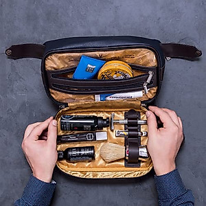 Vetell Leo Large Leather Men's Travel Toiletry and Shaving Case Bag with Upper and Lower Zippered Compartments, 3 Interior Loops and Carrying Handles