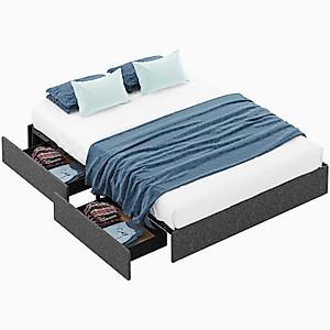 Mixoy Cal King Bed Frame with Four Storage Drawer,Platform Bed Frame with Linen headboardand and Footboard with Drawers, Wood Slats Support.No Box Spring Needed/Easy Assembly(Cal King,Dark Grey)