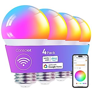 Consciot Smart Light Bulbs, WiFi Color Changing Light Bulb, LED Light Bulb That Compatible with Alexa & Google Home, A19 E26 Smart Bulb 60 watt Equivalent, Music Sync, Dimmable Smart LED Bulb, 4 Pack