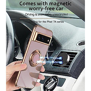 ZOEVEES for Google Pixel 7A Case with Screen Protector and Camera Protector, Built-in 360° Ring Holder Magnetic Stand, Luxury Electroplated Plating Edge Shockproof Protective Phone Cover, Pink