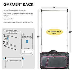 Travolution Dance Bag with Garment Rack, 24 Inch Rolling Duffel With Wheels, Ideal for Competitions & Travel, Easy-assembly Lightweight Aluminum Clothes Rack, Wheeled Upright Luggage, Black/Pink