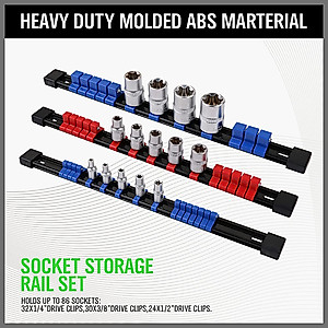 SWANLAKE Organizer Socket Holder, 6PCS 1/4-Inch x 32 Clips, 3/8-Inch x 30 Clips, 1/2-Inch x 24 Clips, Premium Quality Socket Clip Rail Holder (6PC)