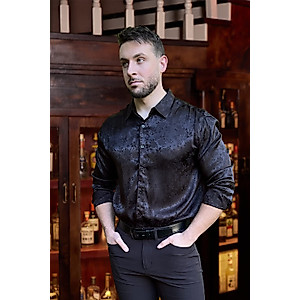 COOFANDY Mens Dress Shirt Casual Button Down Floral Rose Printed Prom Wedding Party, Black, Large, Long Sleeve