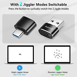 Mouse Jiggler Undetectable Metal USB Mouse Mover with Switch Button, Automatic Mini Mouse Shaker with 2 Jiggle Modes, Driver-Free, Plug & Play, Keep Computer/Laptop Awake, with USB-C Adapter, Black