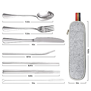 ZXZCTTC 8-Piece Stainless Steel Flatware set， Cutlery Set for Trip Camping,Dishwasher safe，including Knife Fork Spoon Chopsticks Cleaning Brush Straws with Portable Case，Not easy to fade (Silver)