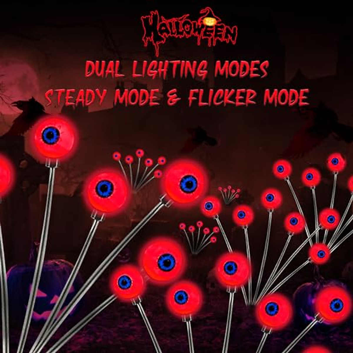 TONULAX Halloween Decorations Outdoor, 2 Pack Upgraded Solar Scary Eyeball Lights with Dual Lighting Modes, Swaying Firefly Lights, Solar Pathway Light for Yard, Garden,Yard Decor, Party (Red)