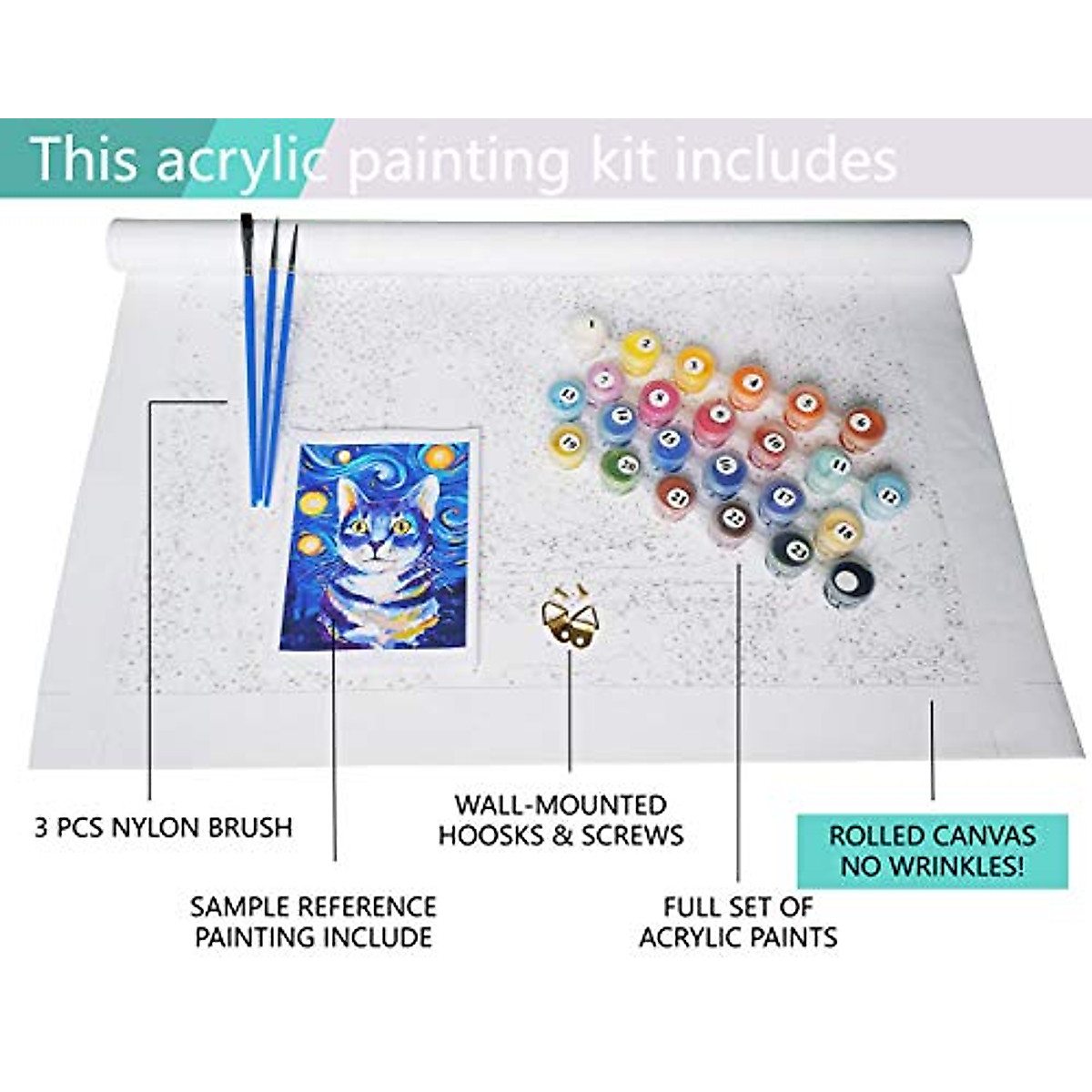VATO DIY Oil Painting Paint by Numbers kit Canvas Painting for Adults & Kids Beginner,16" x 20"(Starry Sky & Cat)