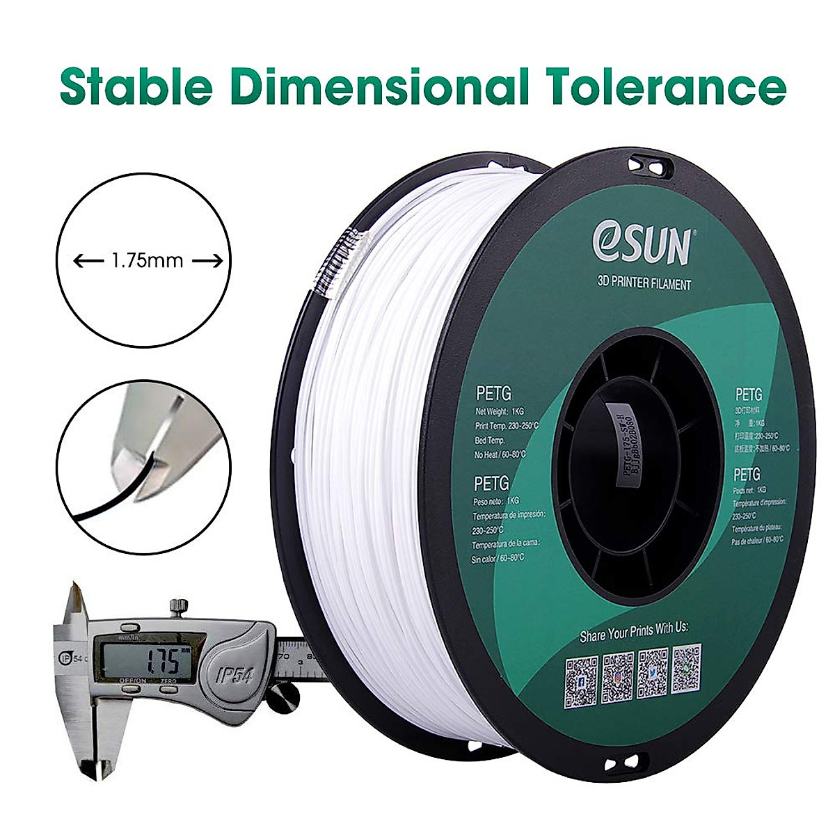 eSUN 3D 1.75mm PETG White Filament 1kg (2.2lb), PETG 3D Printer Filament, Dimensional Accuracy +/- 0.03 mm, 1.75mm Solid Opaque White