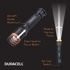 DURACELL 1,000 Lumen Aluminum Focusing Flashlight for Everyday Use - Ultra-Light and Easy to Carry Design with 3 Modes and 3-C Batteries Included. Great for in-Door & Out-Door Use