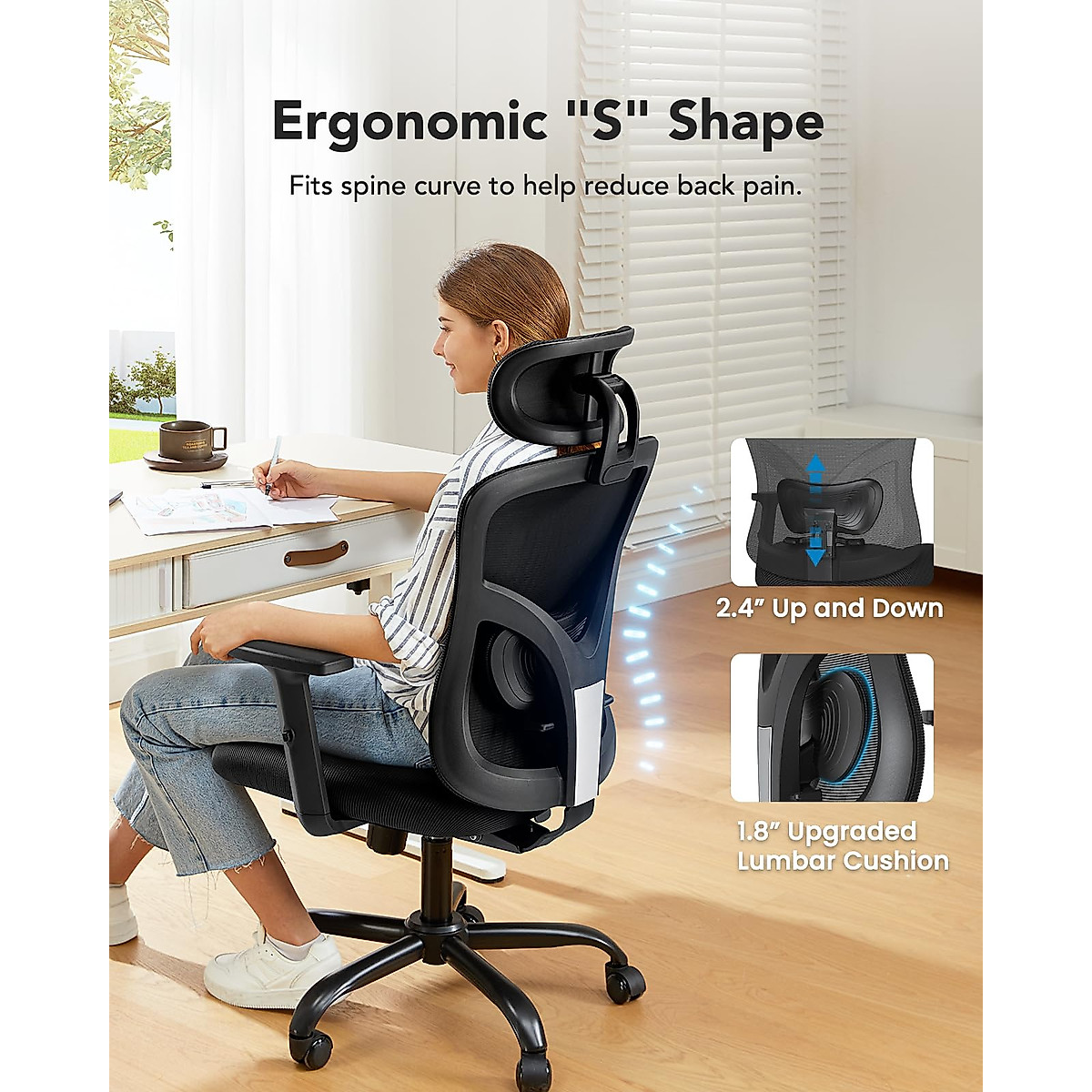 HUANUO Ergonomic Office Chair, High Back Desk Chair with S-Shaped Backrest, Adjustable Lumbar Support, Headrest, Armrest, Mesh Computer Chair with Thicker Seat Cushion and Tilt Function, Black
