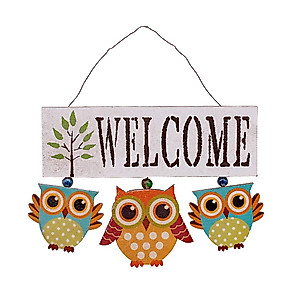 E-view Owls Welcome Sign Wooden Hanging Welcome Door Sign for Porch Patio - Wood Door Décor Home Garden Decorative Wall Ornament (White)