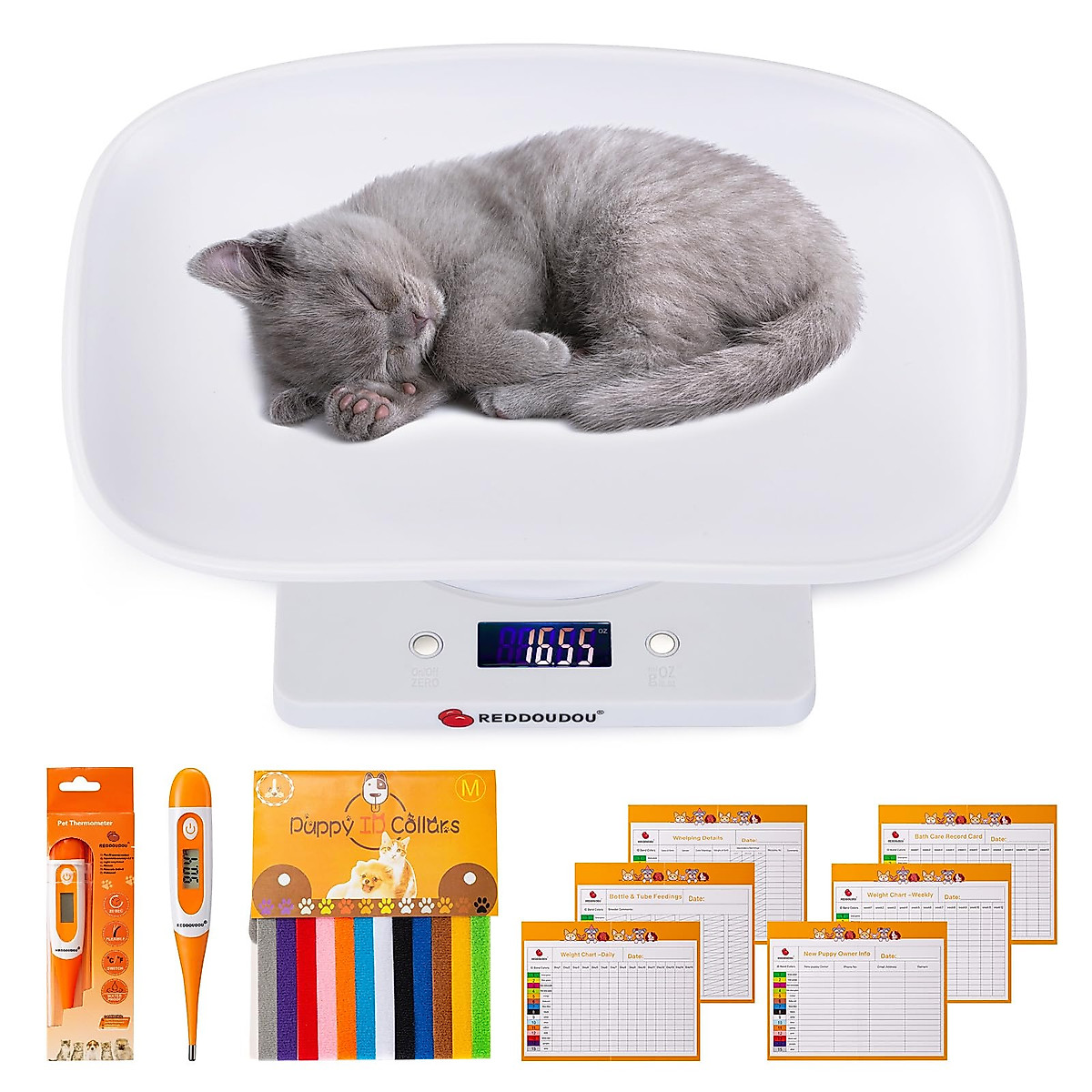 Digital Pet Scale | Newborn Pet Weighing | Inclue 15 Color Newborn Puppy Collars | 6 Record Keeping Charts | Fast Digital Pet Thermometer (PET-S01)
