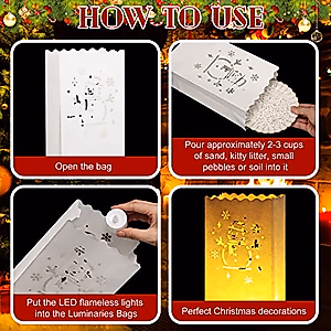 54 Pieces Christmas Luminaries Bags Flame Resistant Candle Bags Christmas Tree Design Luminary Lantern Bags Different Designs for Christmas Halloween Thanksgiving Outdoor Party (Snowman Elk Tree)