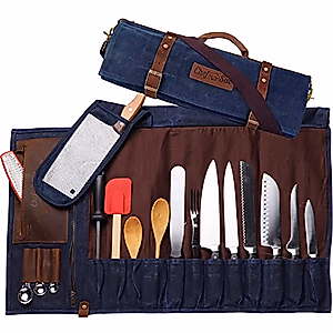 Chef Knife Roll Bag | 16oz ULTRA Wax Canvas & Top Grain Leather | 22 Slots & 4 Zipper Pouch | Double Stitch | Water-Resistant | Cleaver Pouch | Knife Organizer for Chefs and Culinary Students