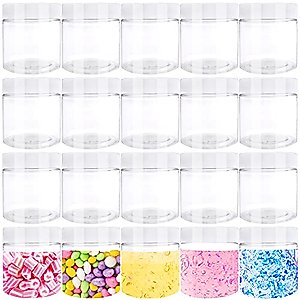 Cshangzei 20Pcs 4oz Clear Plastic Slime Containers,Round Wide-Mouth Storage Jars,Refillable Container for Slime,Cosmetic,Lotion,Candy,Craft,White Lids