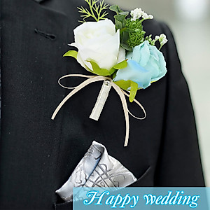 Yunlly 2 Pcs Boutonniere Wrist Corsage Set Artificial Rose Corsage Wristband Boutonniere Flower Decor Wrist Corsage for Men Women Bride Bridesmaids Wedding Accessories Prom Suit Decor (Blue, White)