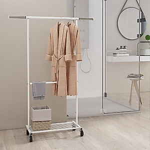 Simple Trending Standard Clothing Garment Rack, Rolling Clothes Organizer with Wheels and Bottom Shelves, Extendable, White