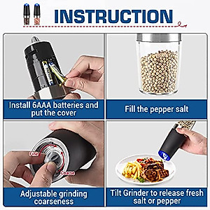 Gravity Electric Salt and Pepper Grinder Set, Joyfort Automatic Pepper Mill Grinder Battery Powered with Adjustable Coarseness, Stainless Steel,Blue LED Light, Support One Hand Use, Black-2 Pack