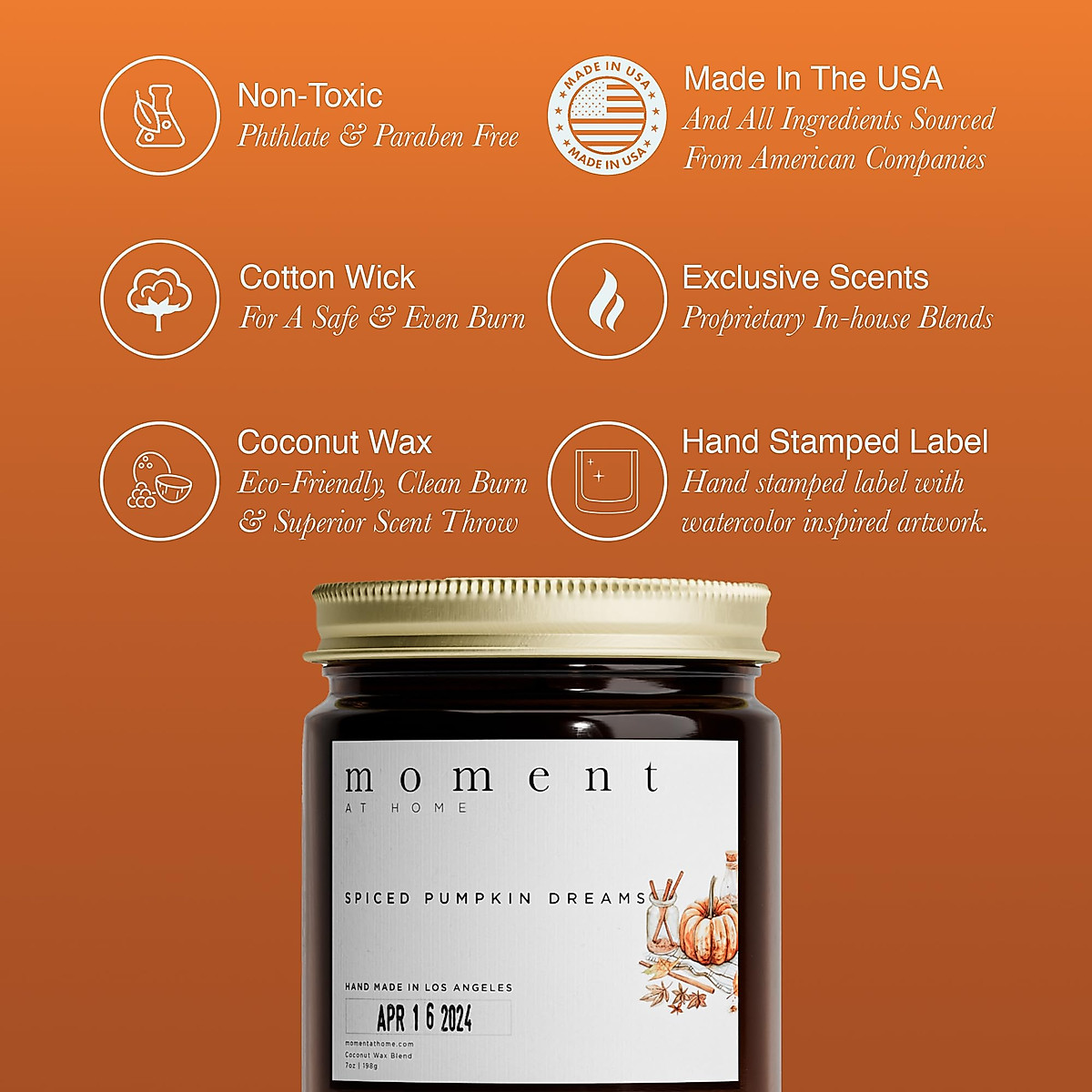 Spiced Pumpkin Dreams Fall Scented Candles by Moment At Home | Autumn Room Scent & Decor | Natural Non Toxic & Hand Poured Coconut Wax | 7 Ounce Long Lasting Up to 50 Hours Burn Time