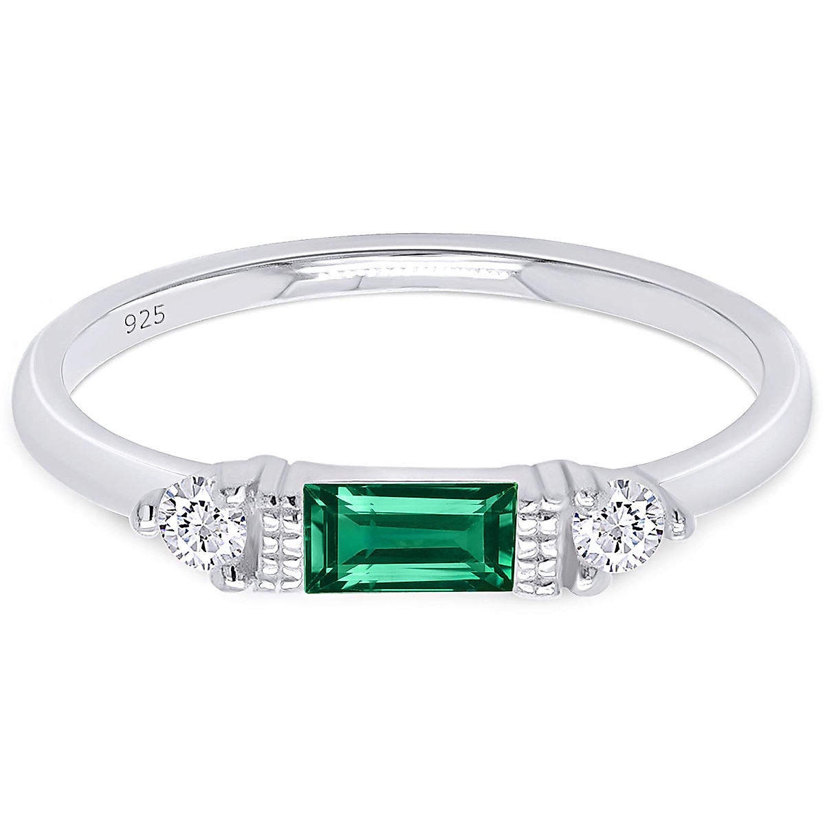 AFFY Baguette Cut Simulated Emerald And White Cubic Zirconia In 14K White Gold Plated 925 Sterling Silver Three Stone Design Bridal Engagement Wedding Ring Jewelry For Women Size -7