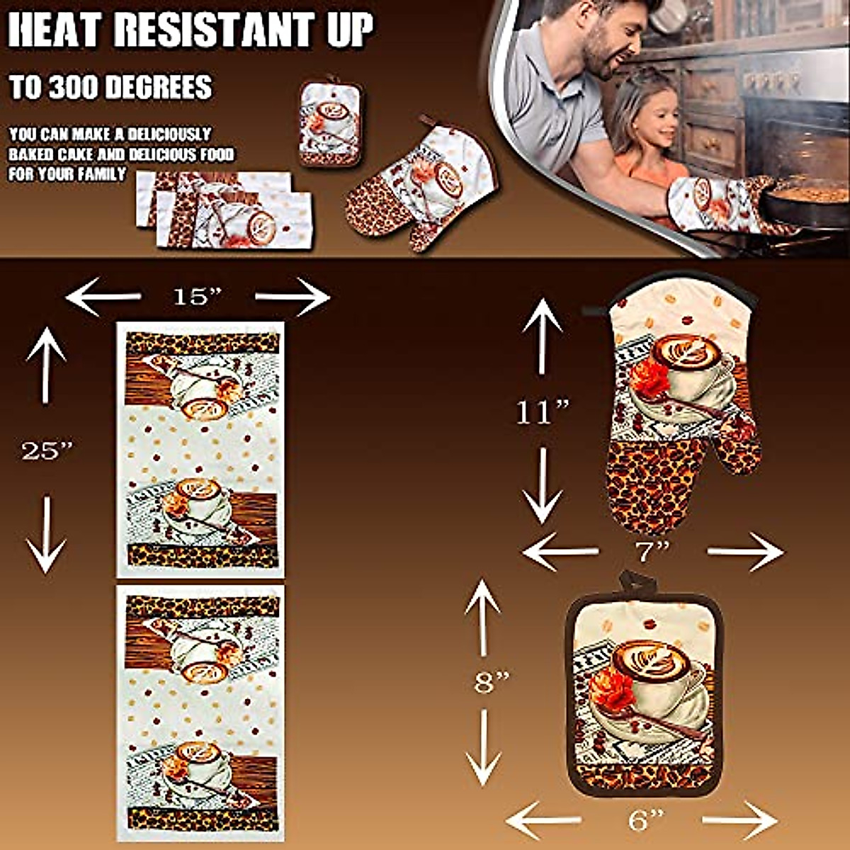 Lobyn Value Packs - 2 Coffee Kitchen Dish Towels, Matching Potholder & Oven Mitt Linen Set Steaming Style for Your Kitchen Decor Featuring Cafe Themes