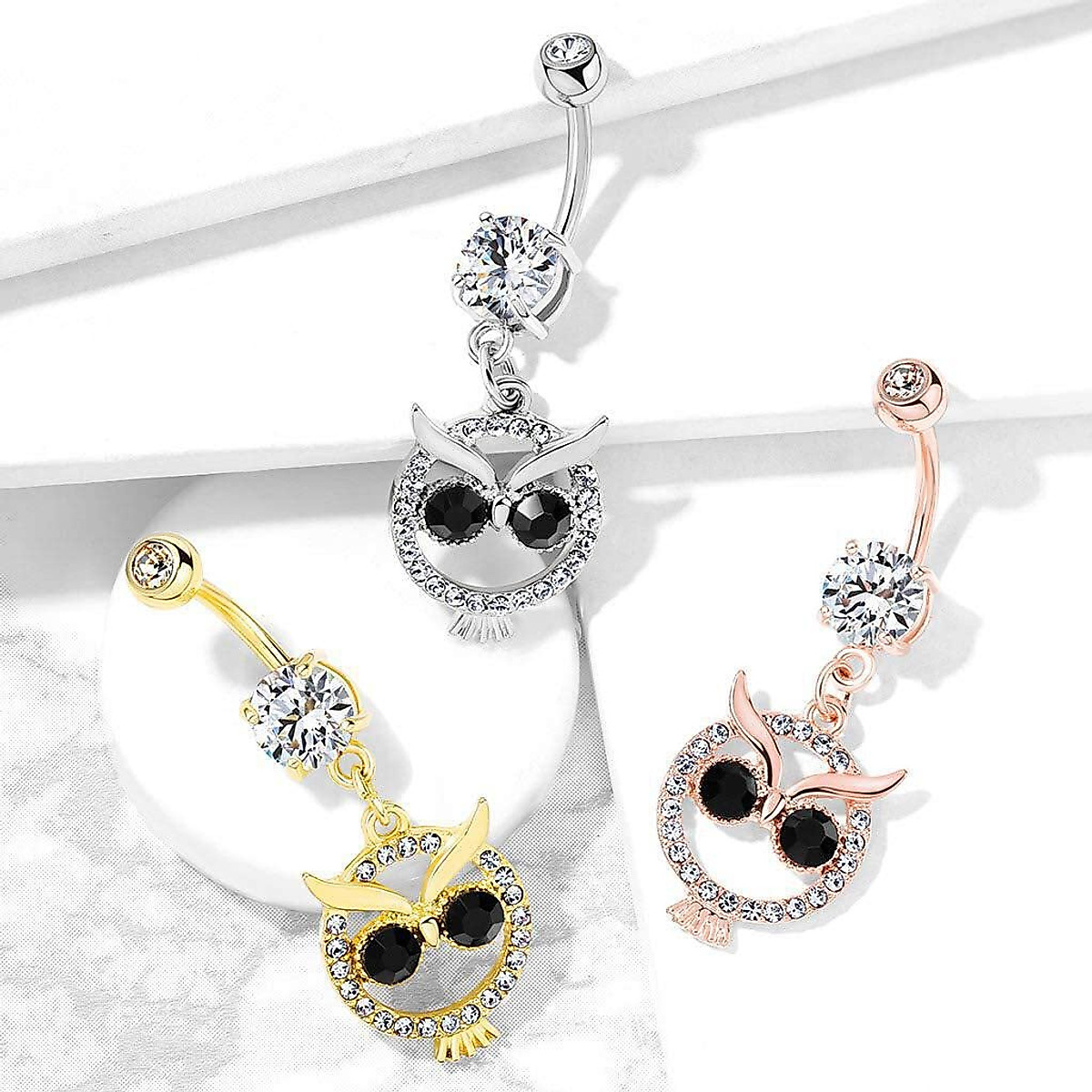 Amelia Fashion 14GA Crystal Paved Black Eyed Owl Dangle Belly Button/Navel Ring 316L Surgical Steel (Choose Color) (Rose Gold/Clear)