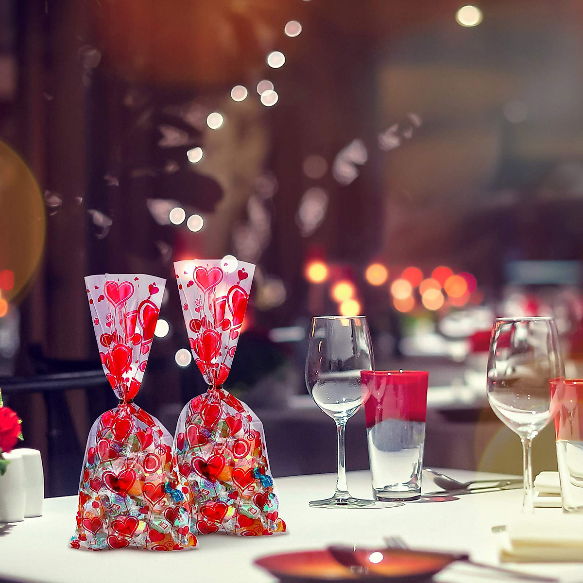 Zonon 150 Pieces Valentine Cellophane Bags Valentine Candy Bags Valentines Favor Treat Goodies Bags with 200 Pieces Twist Ties for Valentine Party Holiday Supplies