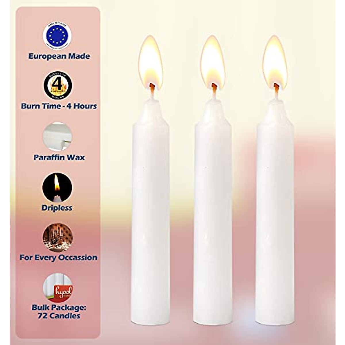 Hyoola White Candles - Short Candlesticks - 5 Inch Candle Sticks (12cm) - 4 Hour Burn Time (72 Pack), European Made