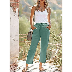 Dokotoo 2023 Fashion Spring Summer Wide Leg Work Linen Pants for Women Ladies Solid High Drawstring Waist Jogging Jogger Beach Pants with Side Pockets Green XL