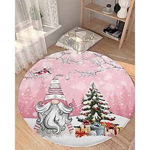 Christmas Gnomes Fluffy Round Area Rug Carpets 4ft, Plush Shaggy Carpet Soft Circular Rugs, Non-Slip Fuzzy Accent Floor Mat for Living Room Bedroom Nursery Home Decor Xmas Snowy Tree Bird Pink