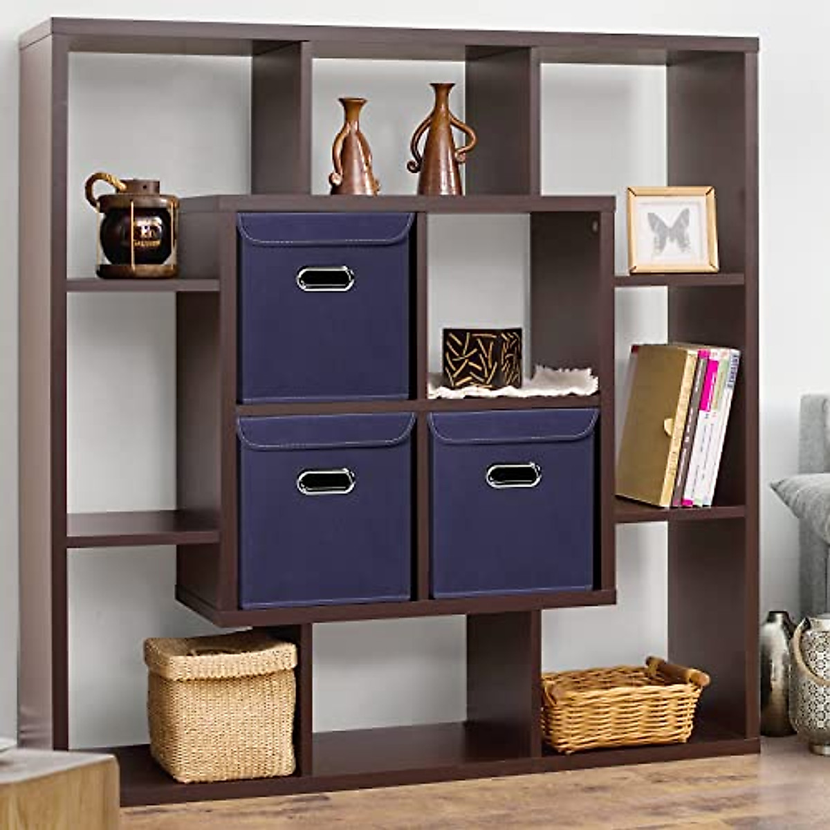 NieEnjoy Closet Organizers Fabric Storage Cube Bins with Lids collapsible storage bins basket with Handles ,Storage Boxes for Organizing,3 Pack (Navy Blue)